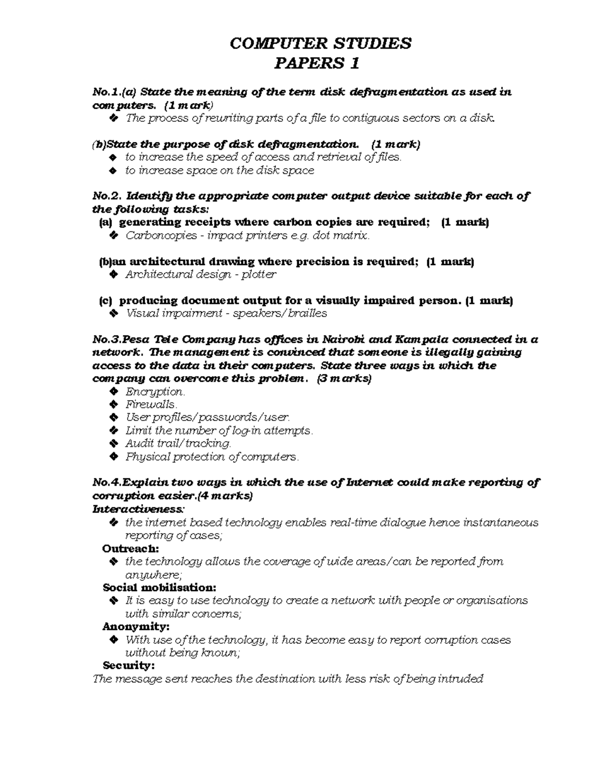 2016 KCSE Computer P1 P2 - COMPUTER STUDIES PAPERS 1 No.(a) State the ...