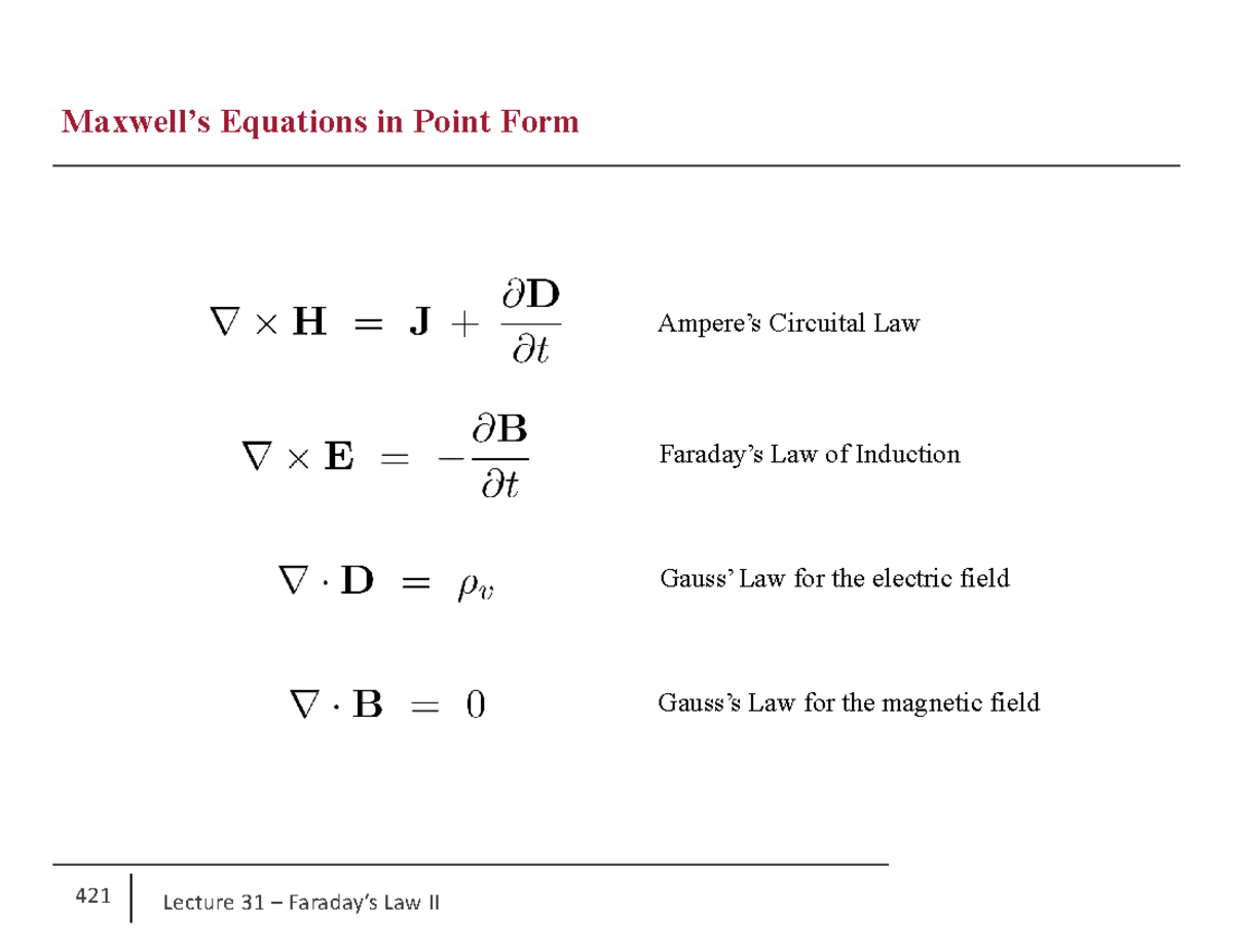 Maxwell Contribution - Maxwell’s Equations in Point Form 421 Lecture 31 ...