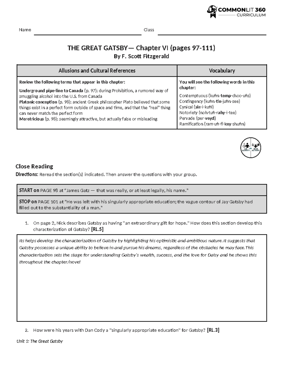 20. 11G Unit 1 The Great Gatsby Chapter VI During-Reading Questions ...