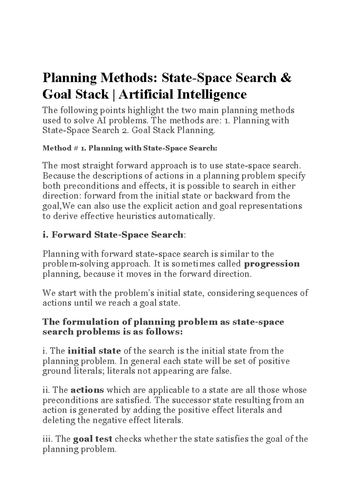 Planning Methods UNIT 5 - Planning Methods: State-Space Search & Goal Stack | Artificial - Studocu