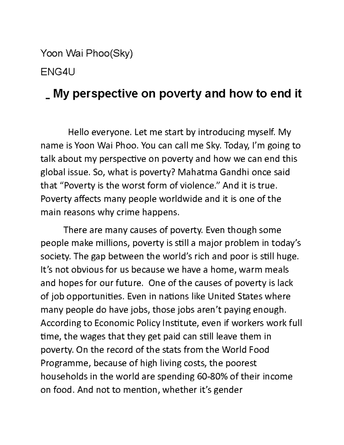 Poverty - a good notes for an essay - Yoon Wai Phoo(Sky) ENG4U My ...