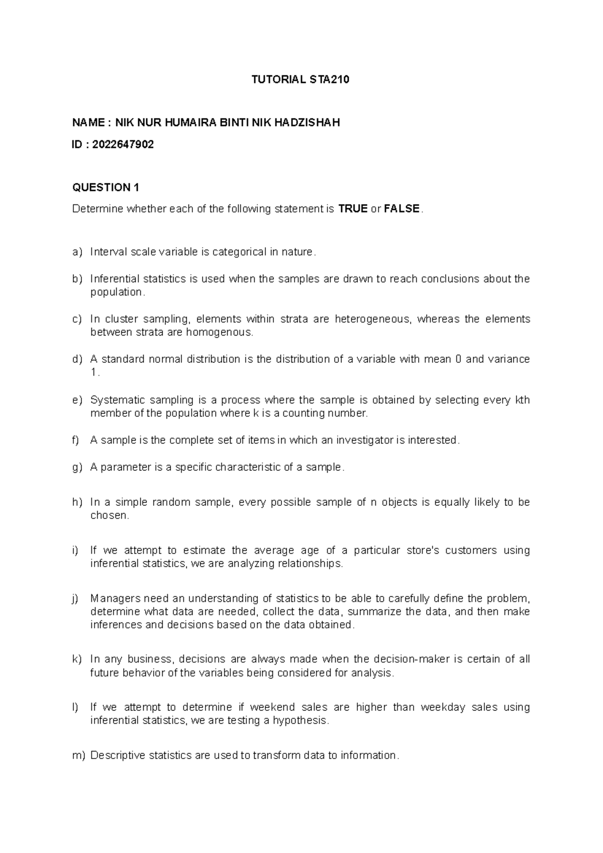 Tutorial STA210 OCT2023 - TUTORIAL STA NAME : NIK NUR HUMAIRA BINTI NIK HADZISHAH ID ...