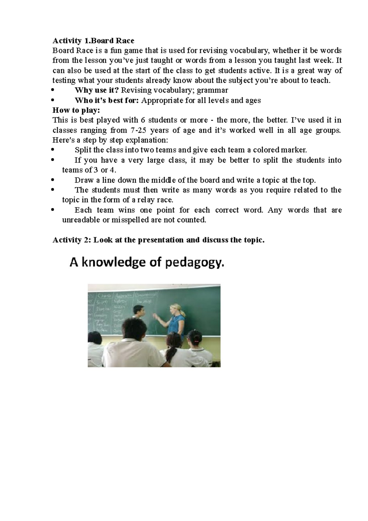 Activity 1 - Activity 1 Race Board Race is a fun game that is used for ...