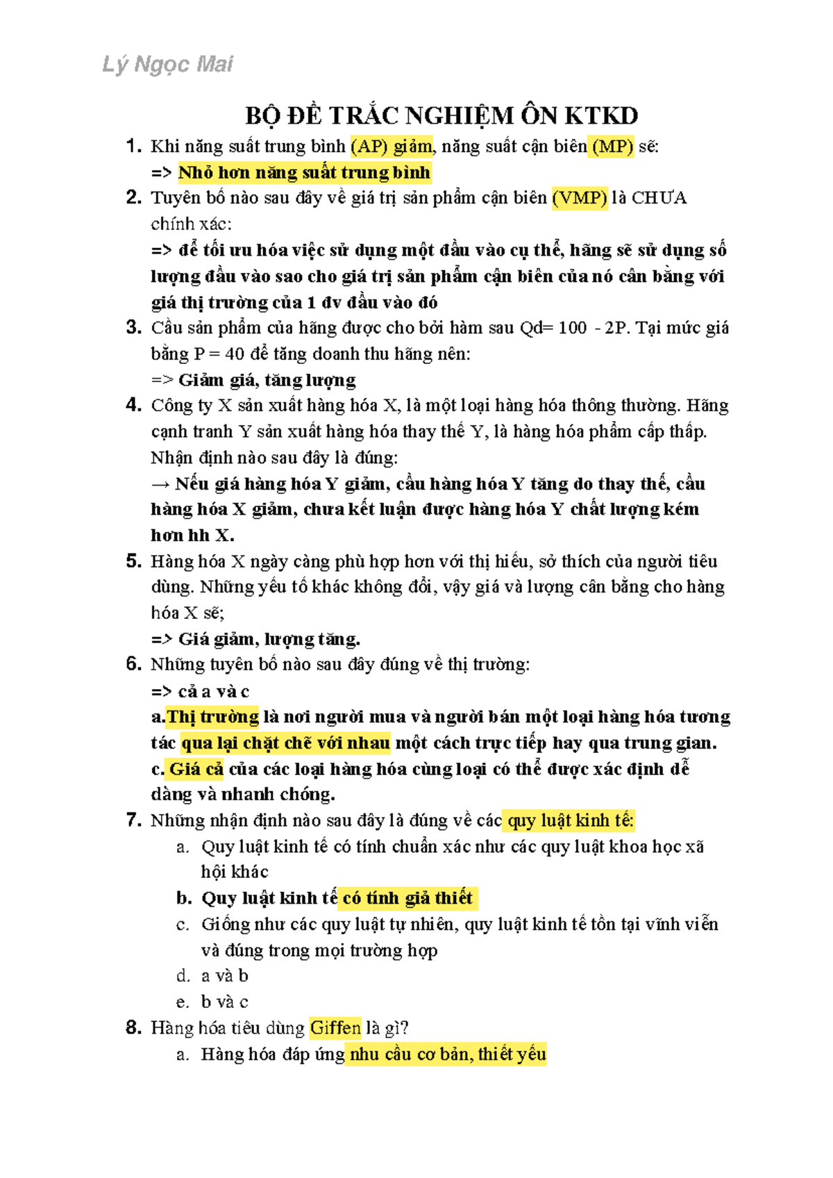 Bộ đề ôn Kinh tế kinh doanh ck - Lý Ngọc Mai BỘ ĐỀ TRẮC NGHIỆM ÔN KTKD ...
