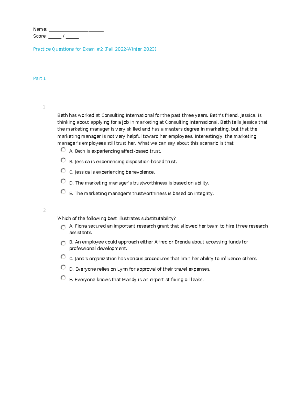 Mos 2181 practice exam 2 - Name: _________________________ Score ...