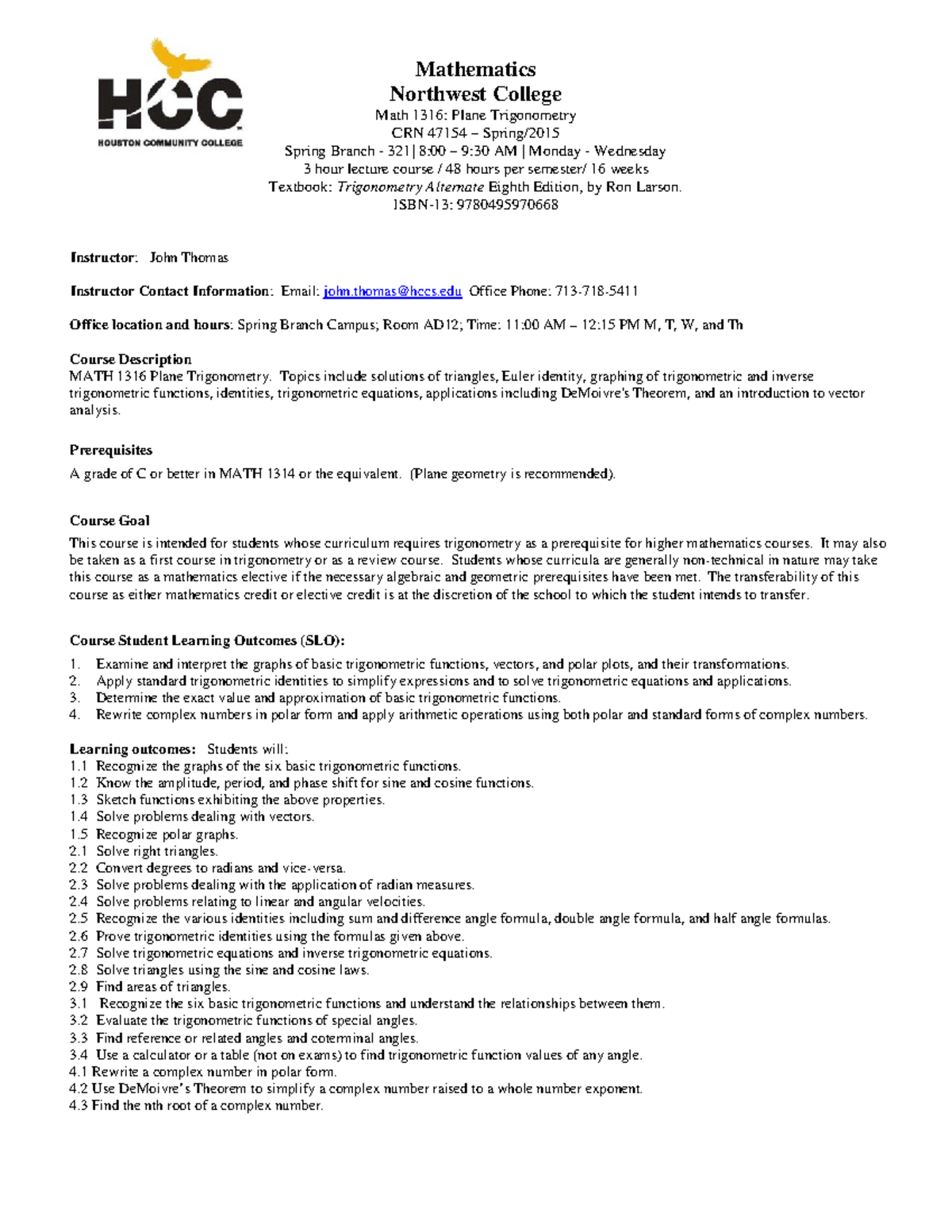 Math 1316 Syllabus Sp 15 - MATH 1316 - HCC - Studocu