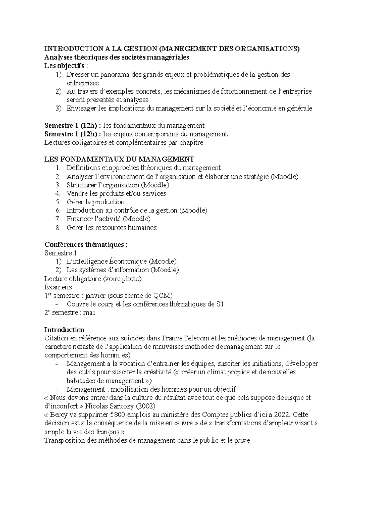 Introduction a la gestion - INTRODUCTION A LA GESTION (MANEGEMENT DES ORGANISATIONS) Analyses ...