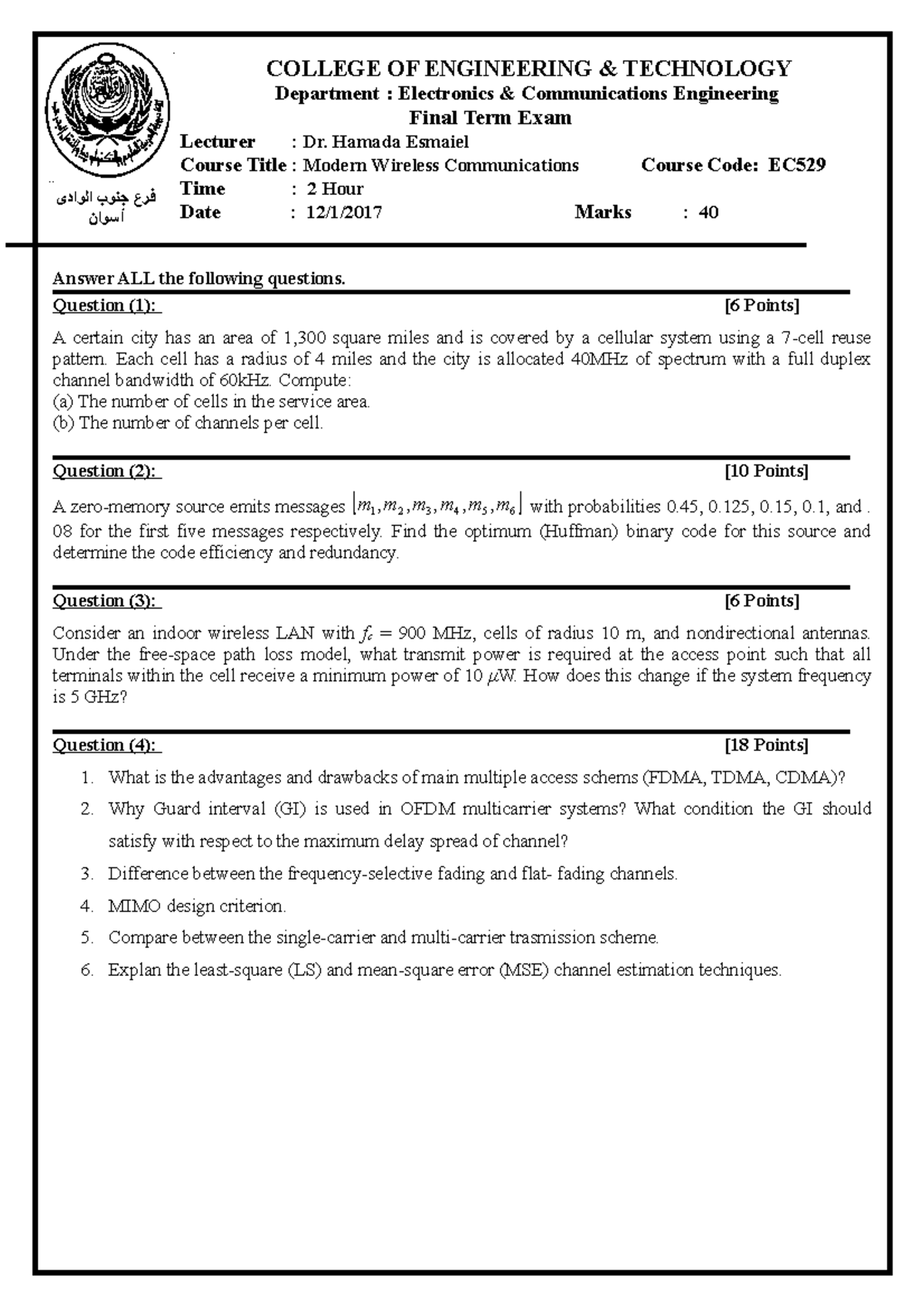 Modern Wireless Communications Final Exam - Answer ALL the following ...