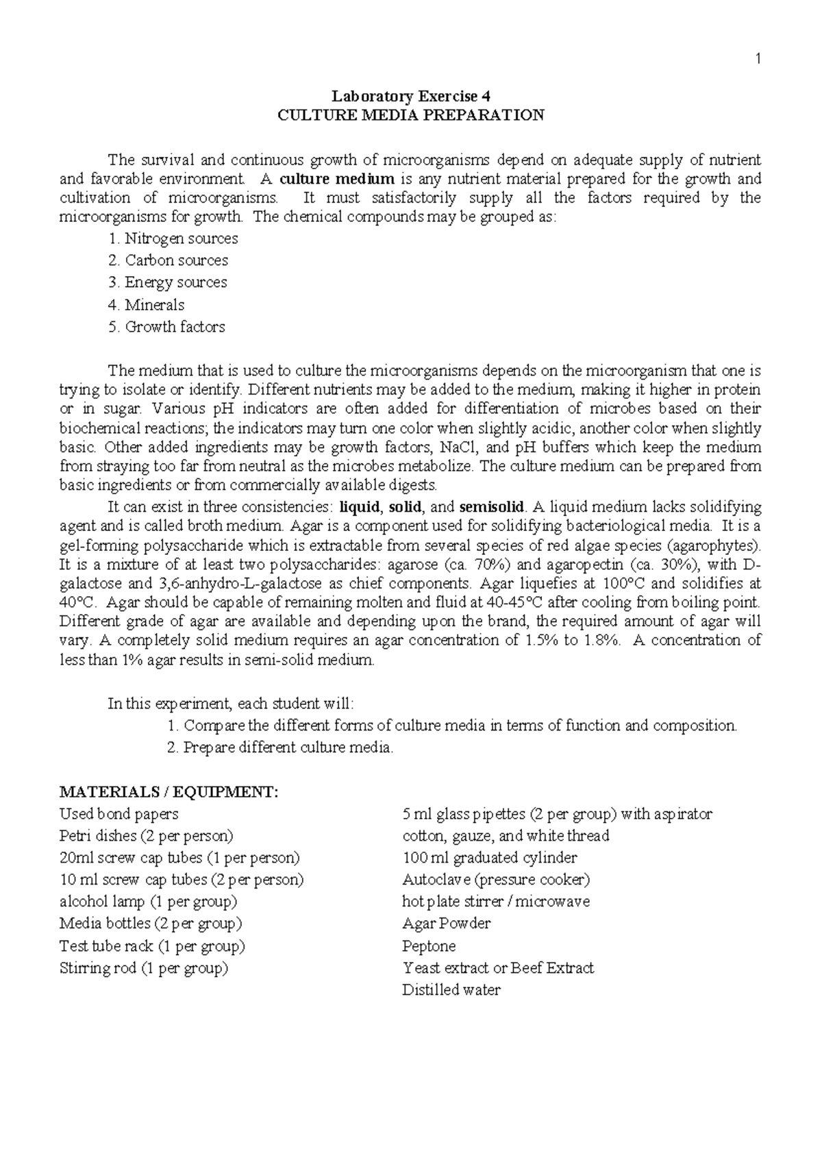 Exercise 4 Culture Media Preparation - 1 Laboratory Exercise 4 CULTURE MEDIA PREPARATION The ...