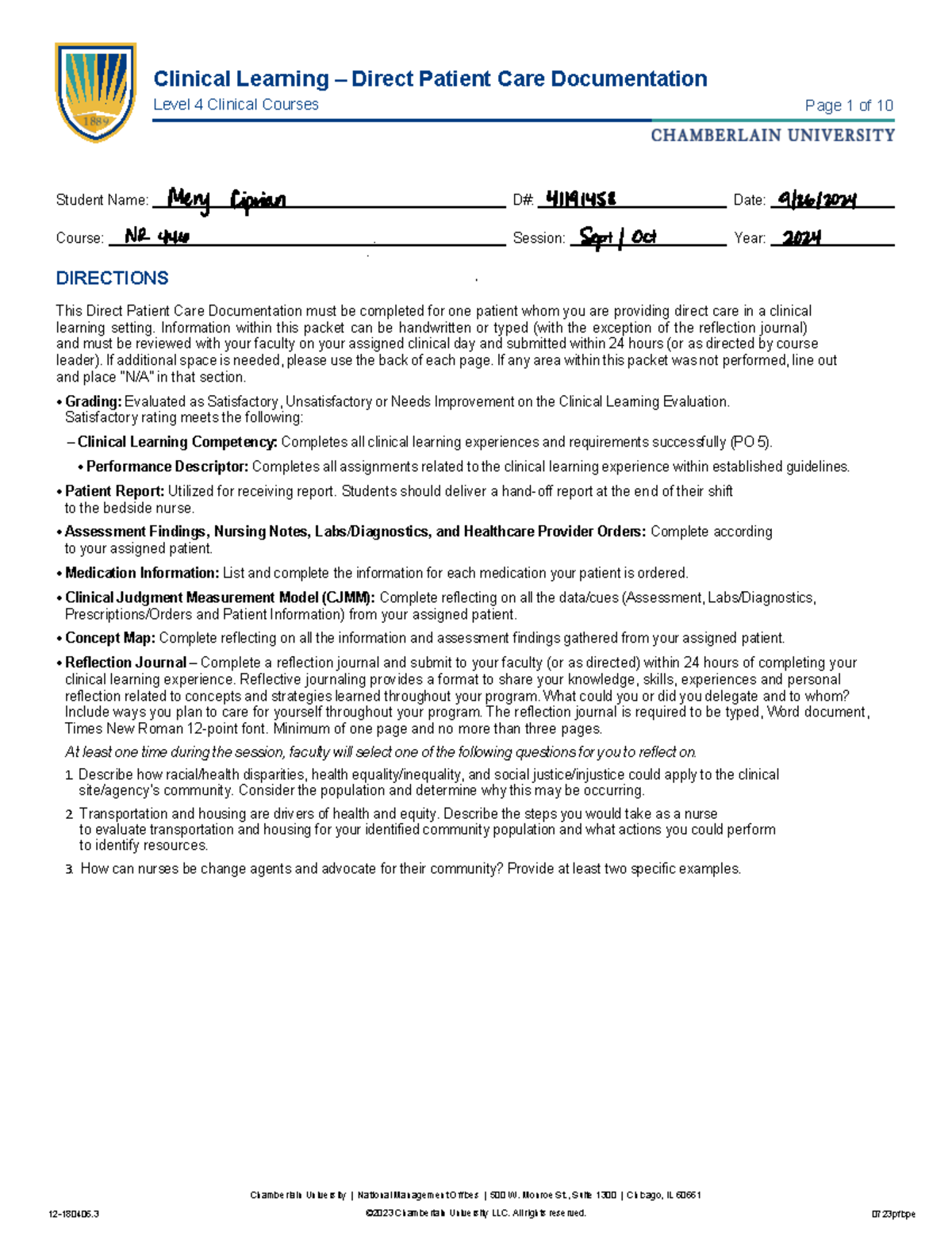 Nr 446 pcd #1 - pcd - Level 4 Clinical Courses Chamberlain University | National Management ...