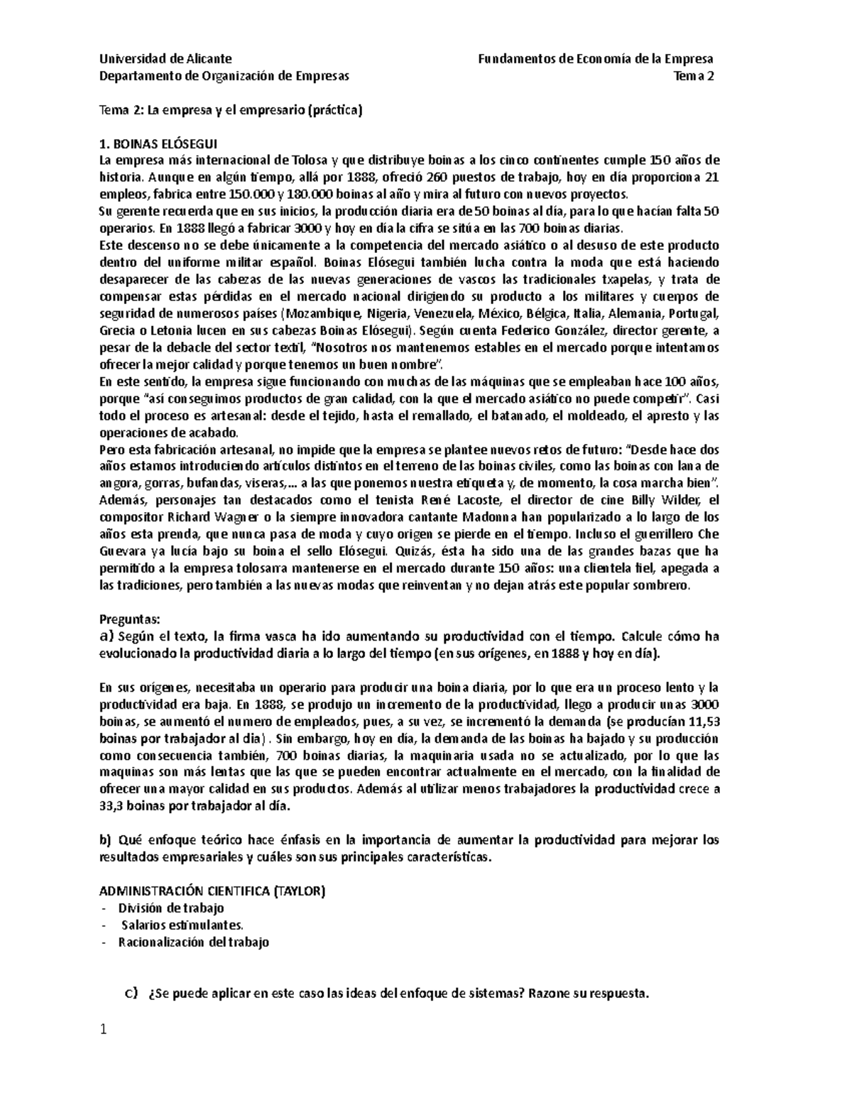 Practfun 2 - PRACTICAS - Departamento de Organización de Empresas Tema 2 Tema 2: La empresa y el ...