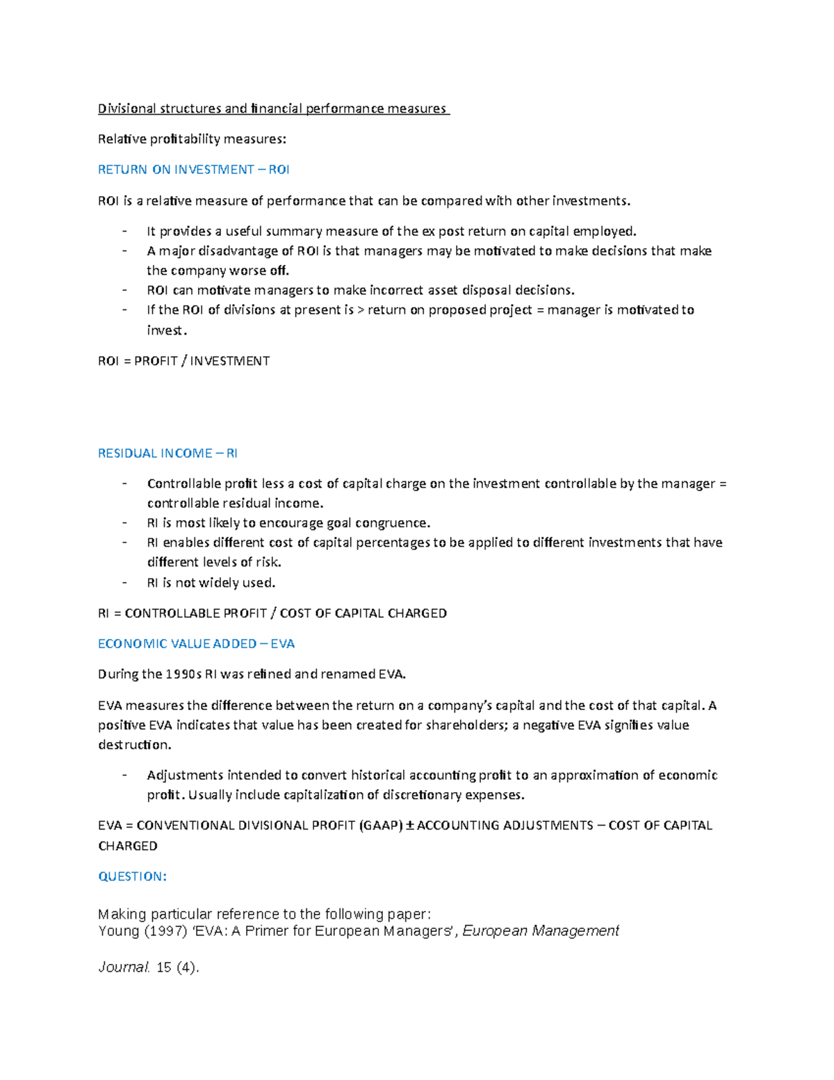 ROI, RI and EVA - Lecture notes 7 - Divisional structures and financial ...