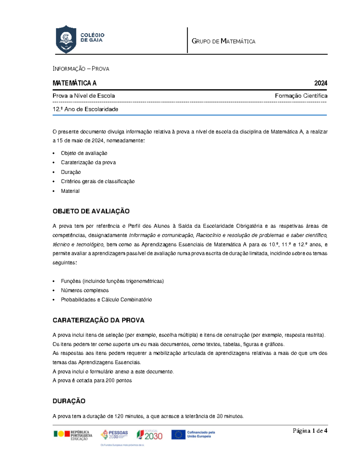 Maio 2024 Informação-prova a nível de escola - GRUPO DE MATEMÁTICA ...