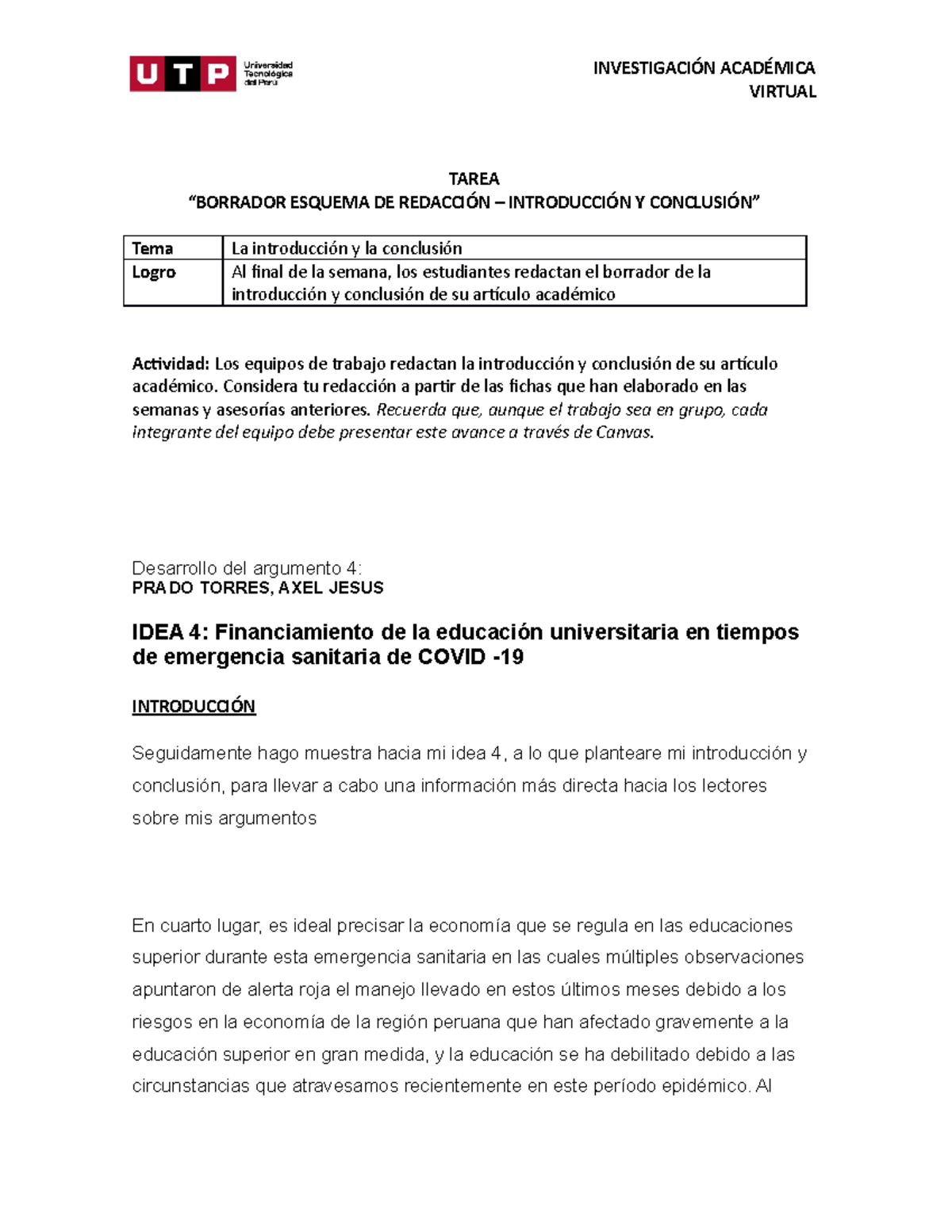 S15 Tarea Borrador de esquema de redacción - Introducción y conclusión ...