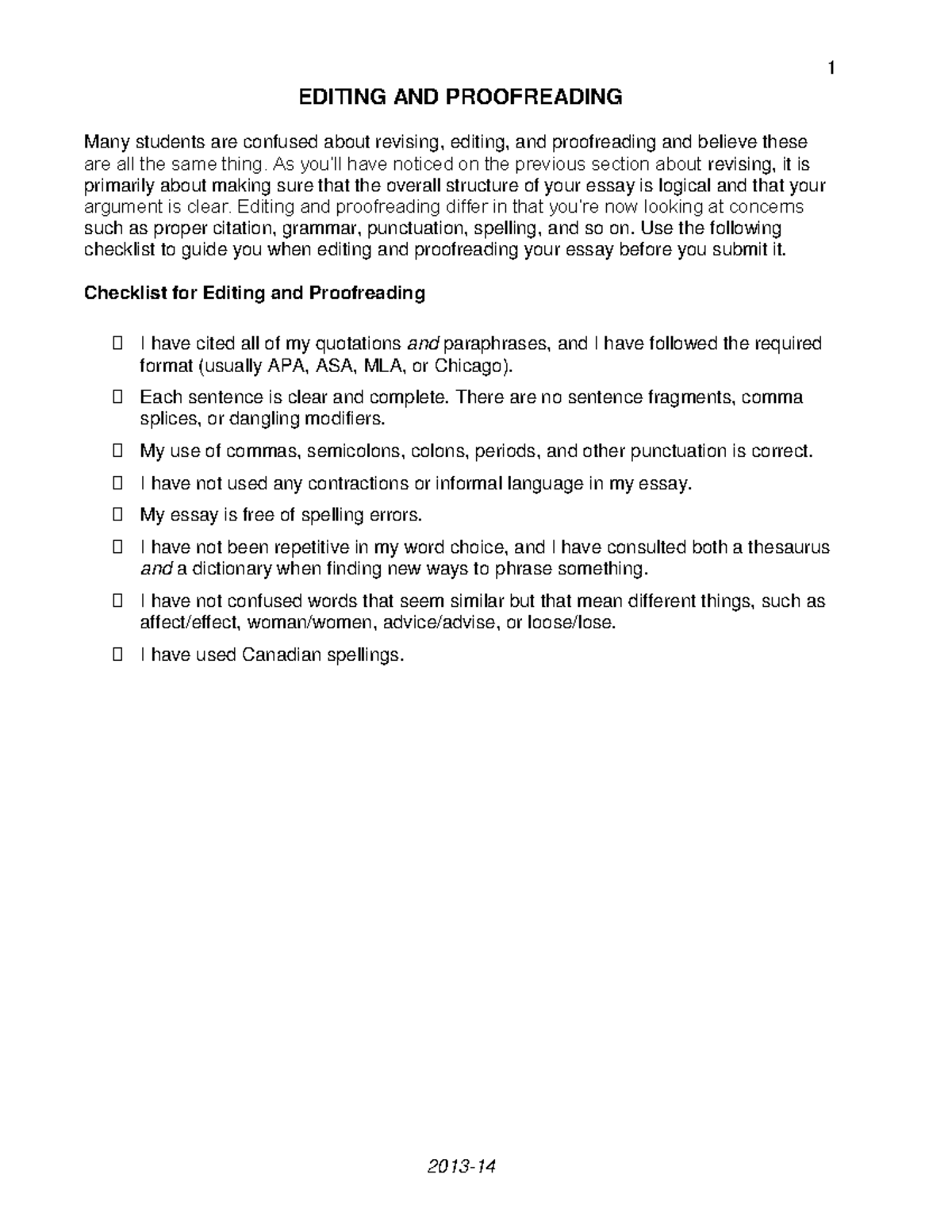 Editing and proofreading checklist - 1 2013- 14 EDITING AND ...
