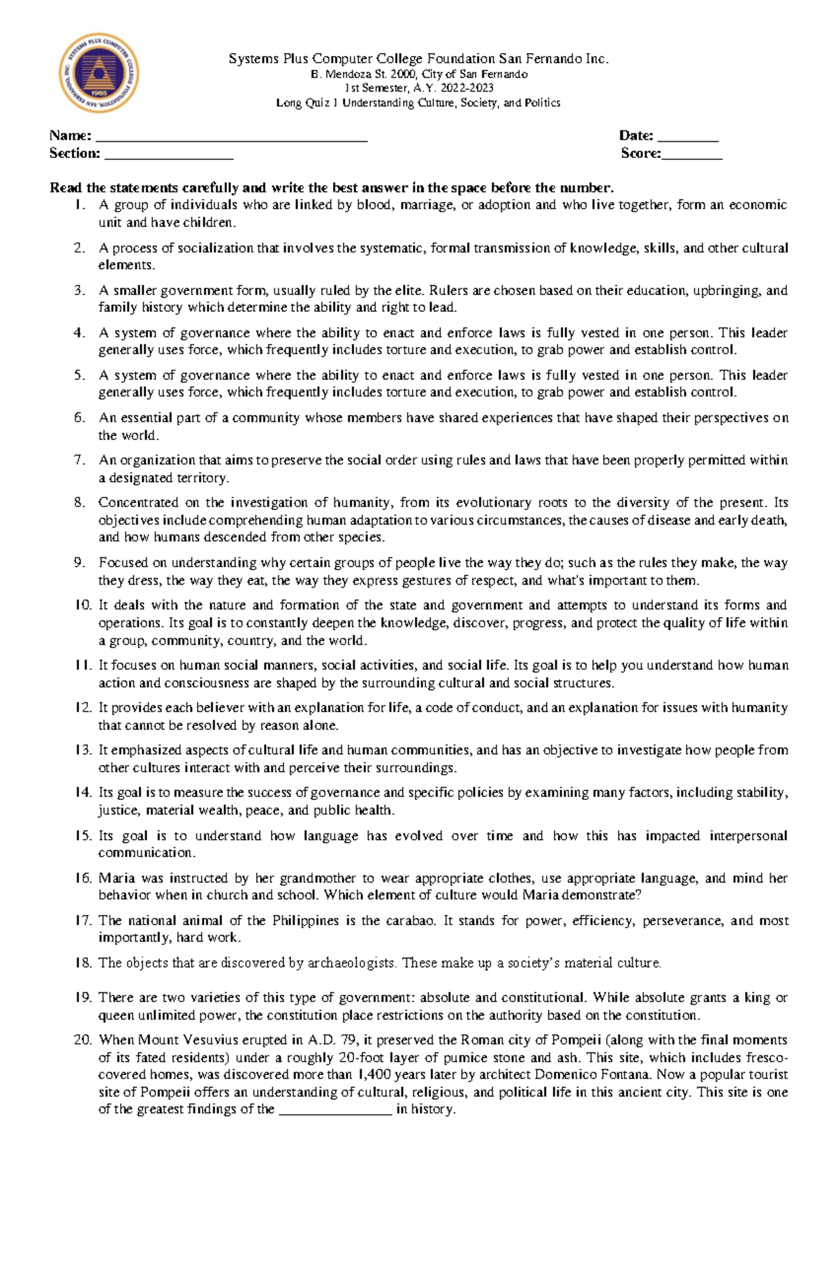 Soc Sci 2 Quiz 1 Set 2 - QUIZ - Systems Plus Computer College Foundation San Fernando Inc. B ...