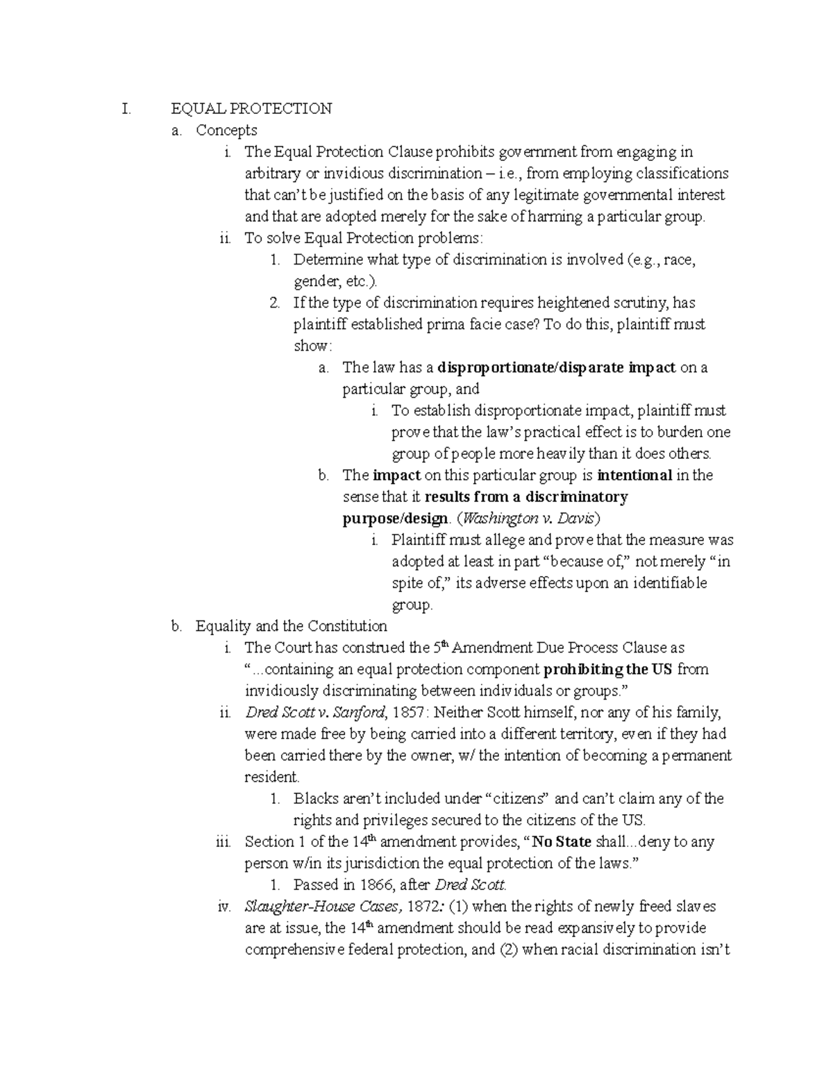 Con Law II Outline Equal Protection Outline - I. EQUAL PROTECTION a ...