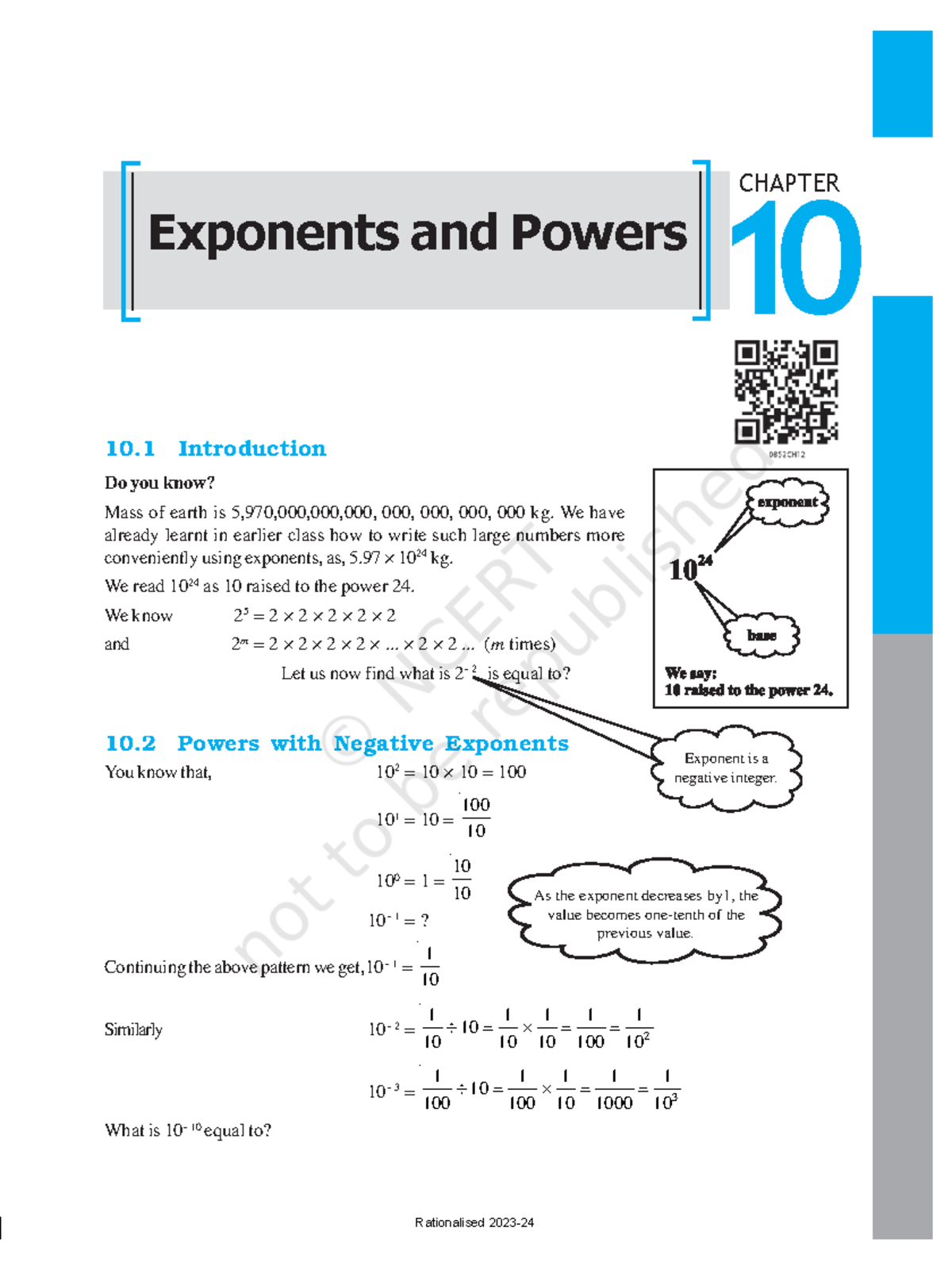 Mathematics chapter 10 - EXPONENTS AND POWERS 121 10 Introduction Do ...