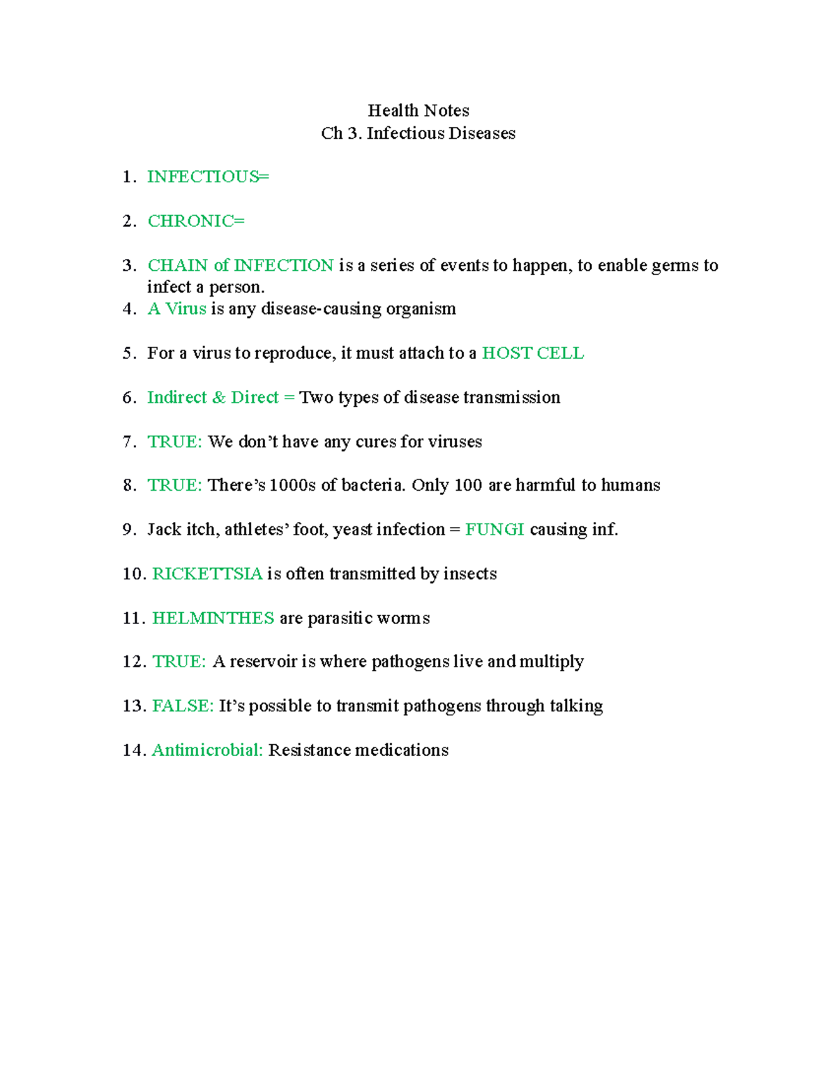 Health Ch 3 - Note sheet on Infectious Diseases - Health Notes Ch 3 ...