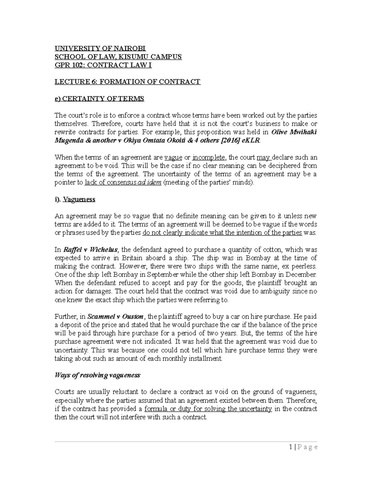 Contract Law I lecture 6 - certainty of terms - UNIVERSITY OF NAIROBI ...