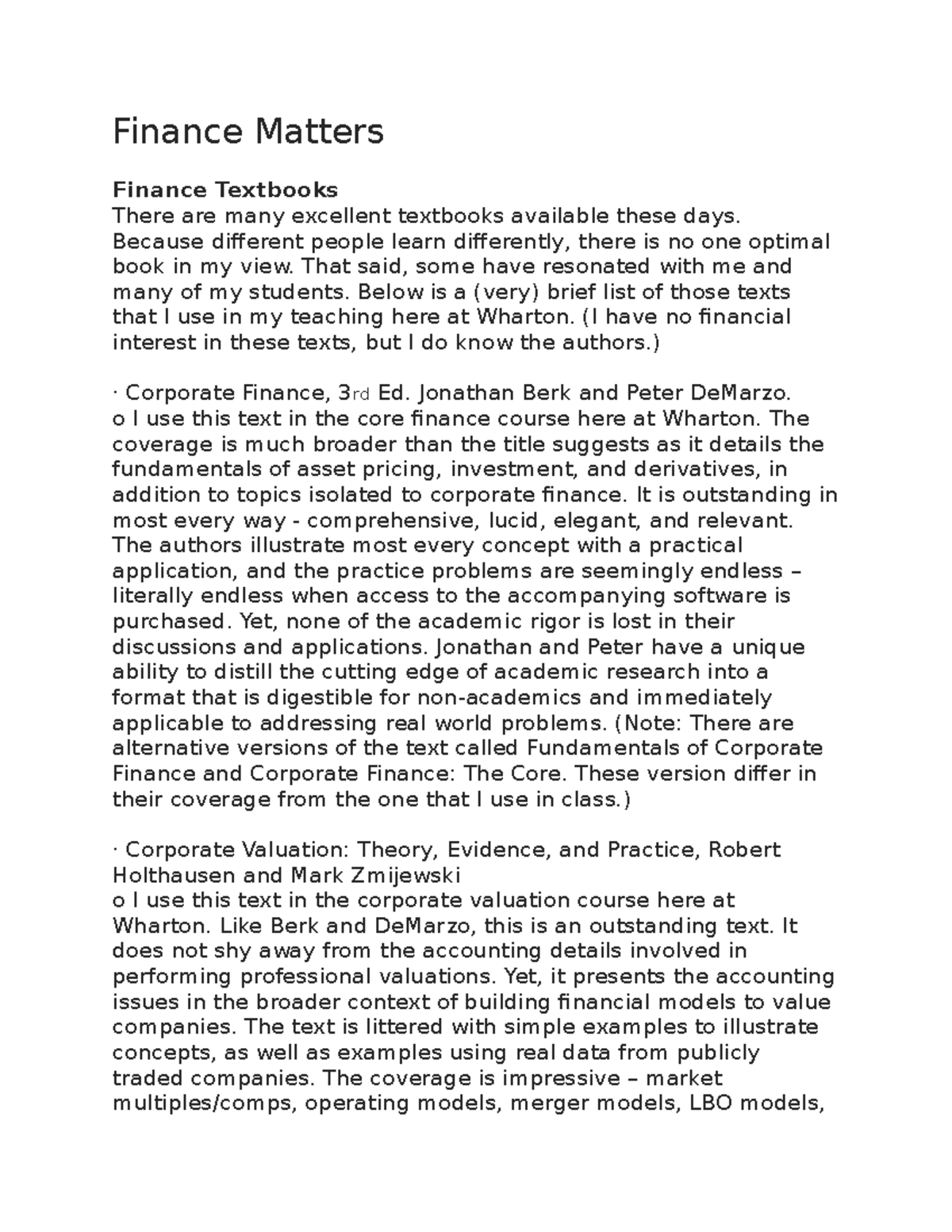 Finance Textbooks and Readings - Finance Matters Finance Textbooks ...