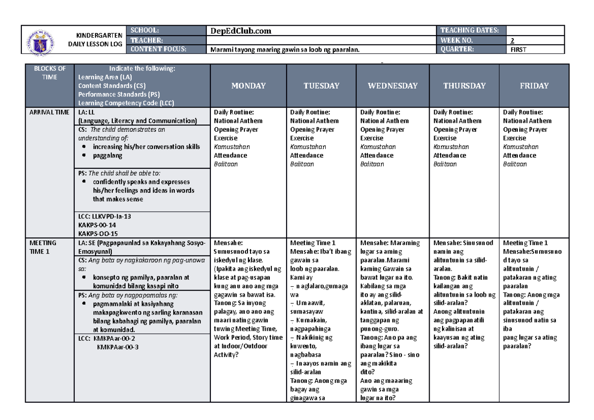 lesson plan for kindergarten - KINDERGARTEN DAILY LESSON LOG SCHOOL ...