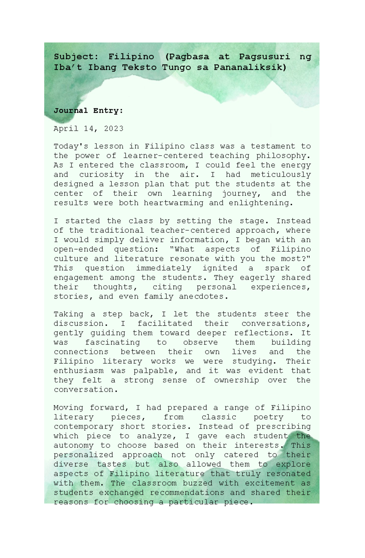 Reflection mov 13 - Subject: Filipino (Pagbasa at Pagsusuri ng Iba’t ...