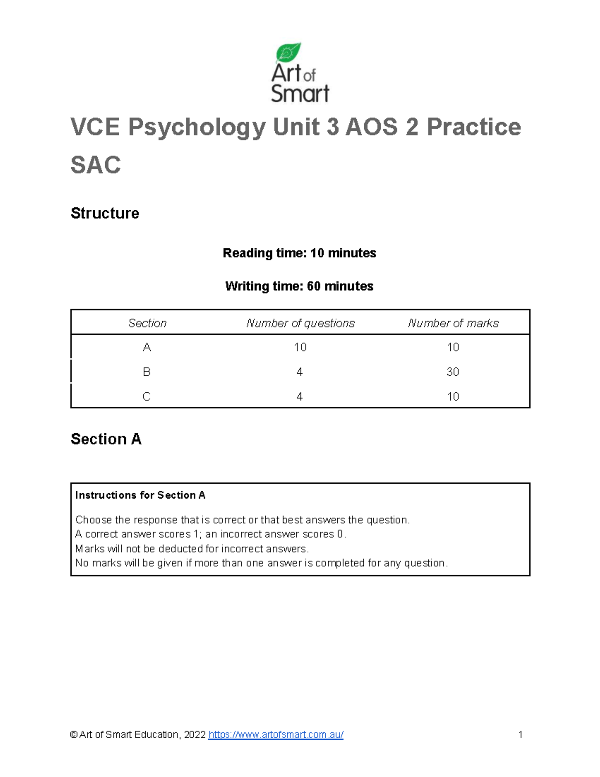 VCE Psychology Unit 3 AOS 2 Practice SAC Answers Art of Smart Education ...