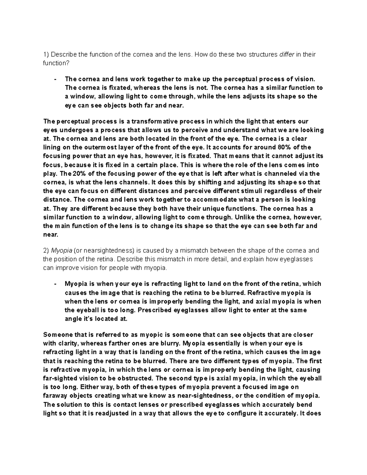 HW 1 - HW 1 Assignment. - Describe the function of the cornea and the ...