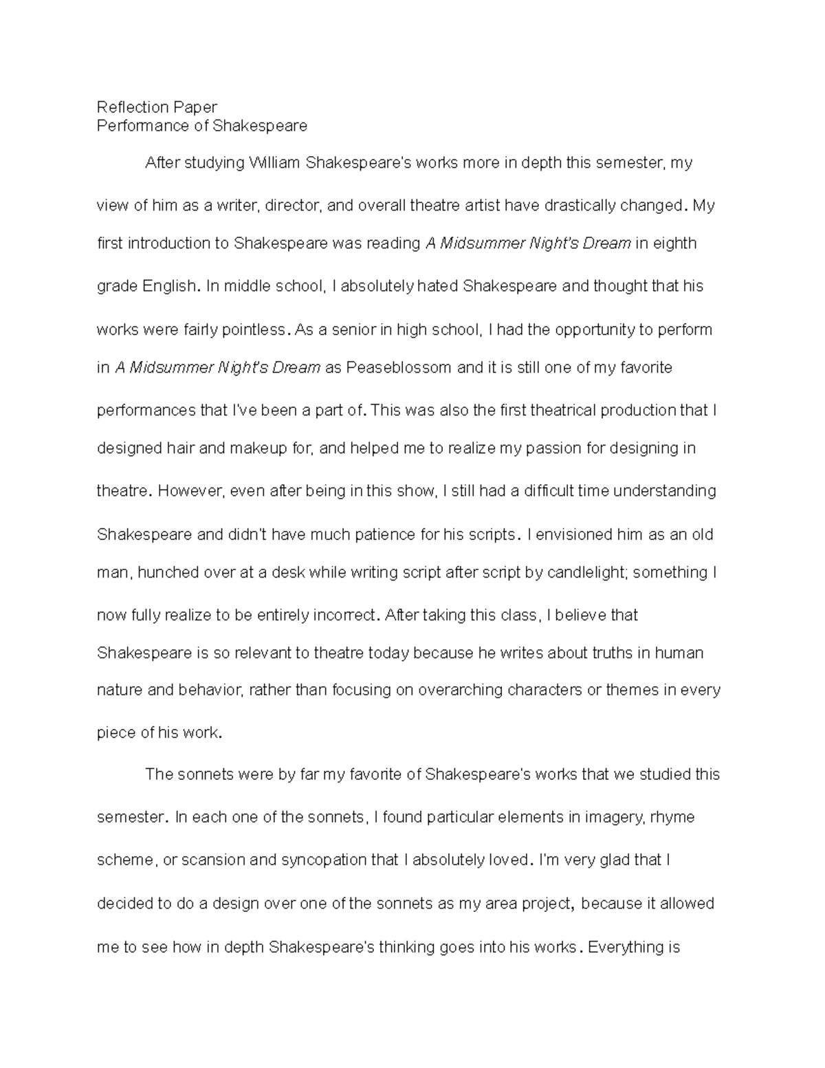 Shakespeare Reflection Paper - Reflection Paper Performance of ...