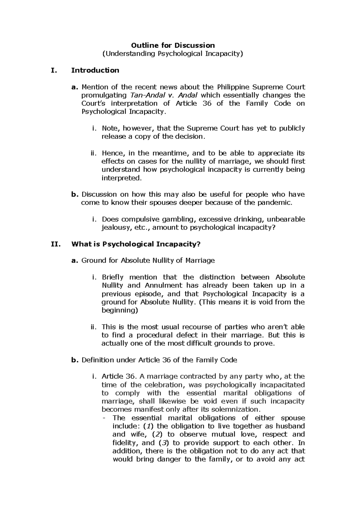 Outline for Discussion on Psychological Incapacity - Outline for ...