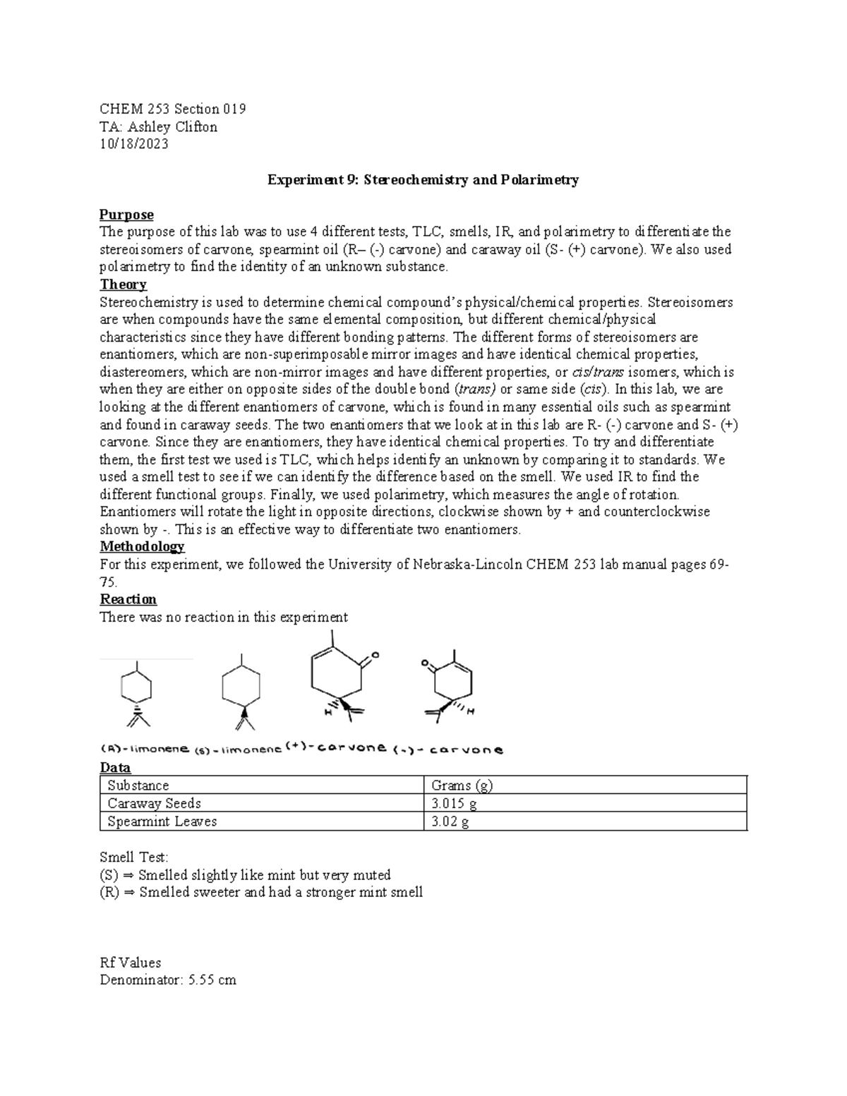Stereochemistry and polarimetry - CHEM 253 Section 019 TA: Ashley ...