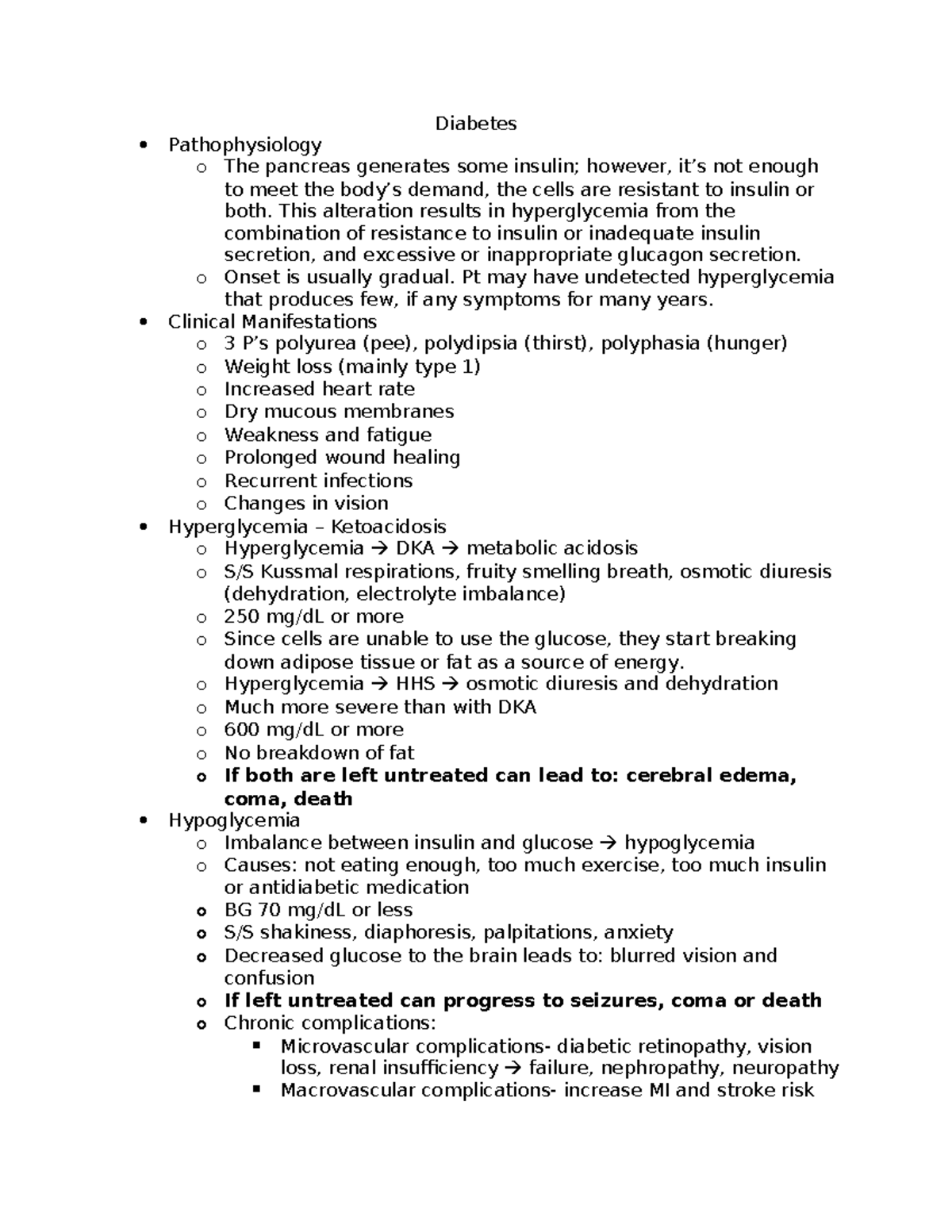 Diabetes Notes - Diabetes Pathophysiology o The pancreas generates some ...
