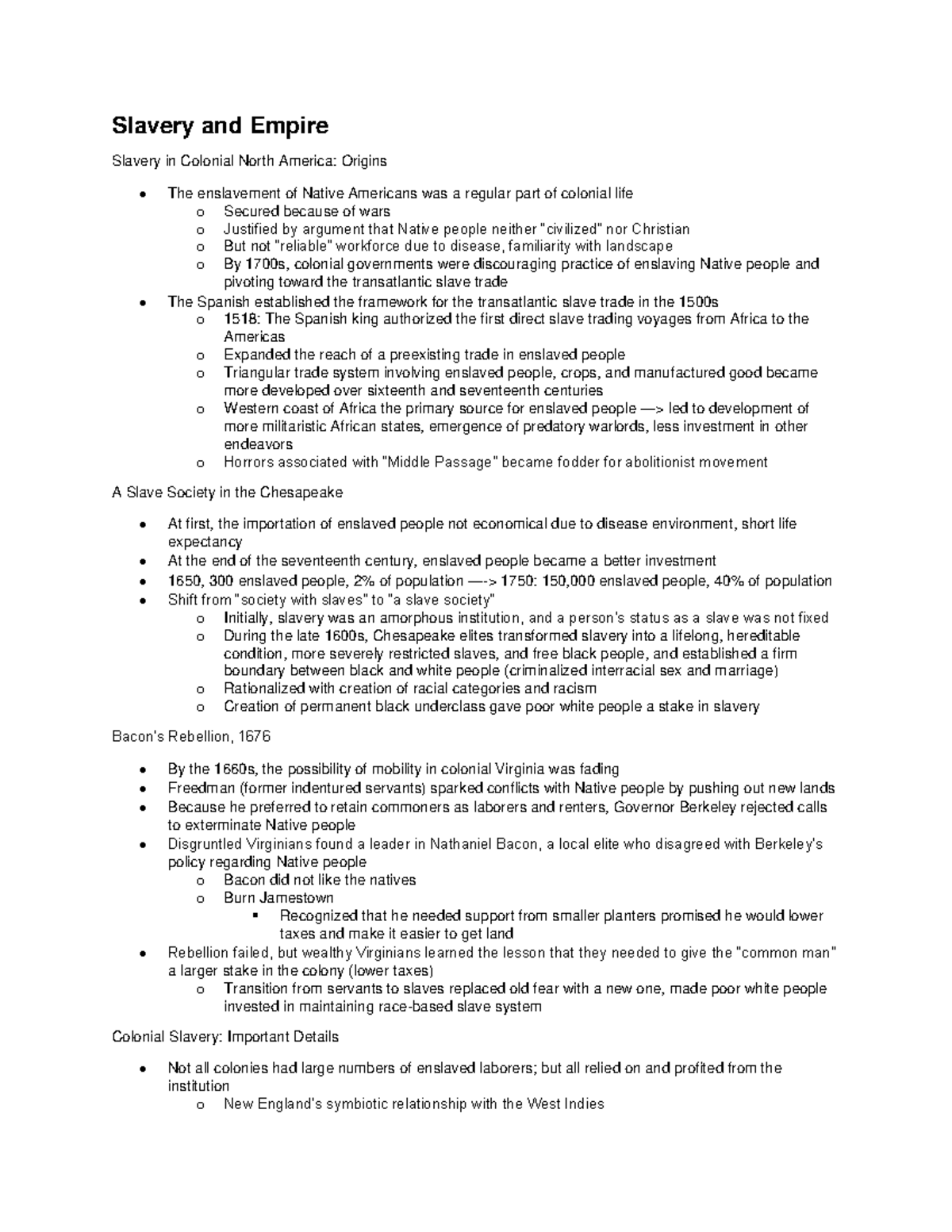 History 20 Notes - Slavery - Slavery and Empire Slavery in Colonial ...