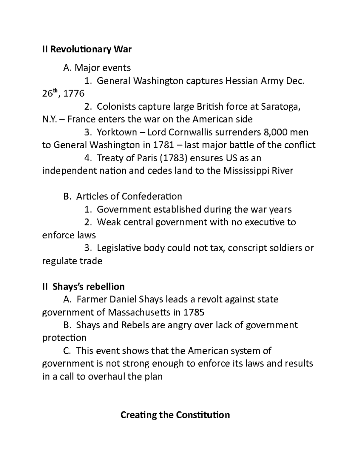 Notes gov. 2 - II Revolutionary War A. Major events 1. General ...