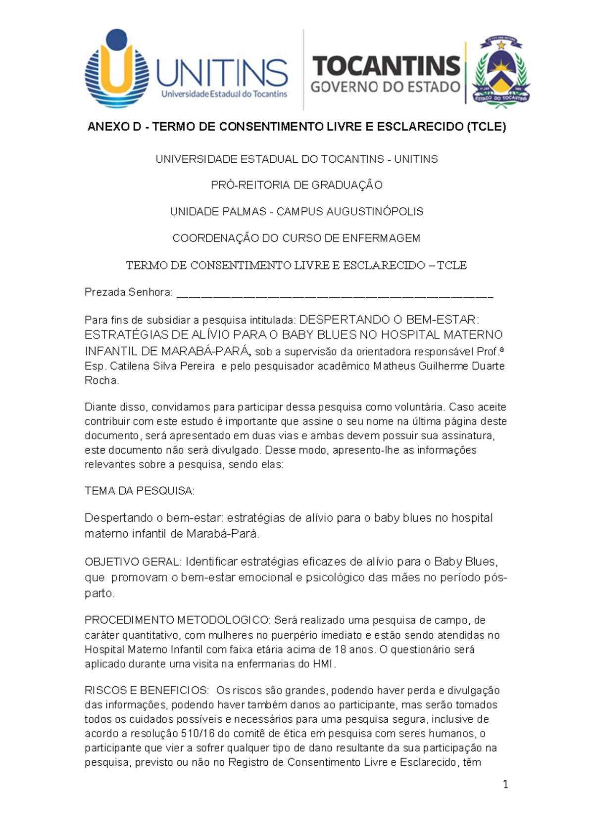 Tcle modificado - ANEXO D - TERMO DE CONSENTIMENTO LIVRE E ESCLARECIDO ...