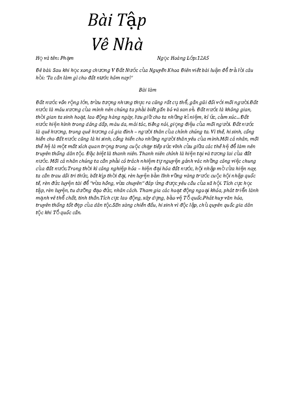 BTVN - Jskejj - H và tên: Ph mọạ Ng c Hoàng L p:12A5ọớ Đêề bài: Sau khi h c xong ch ng V Đấất N ...