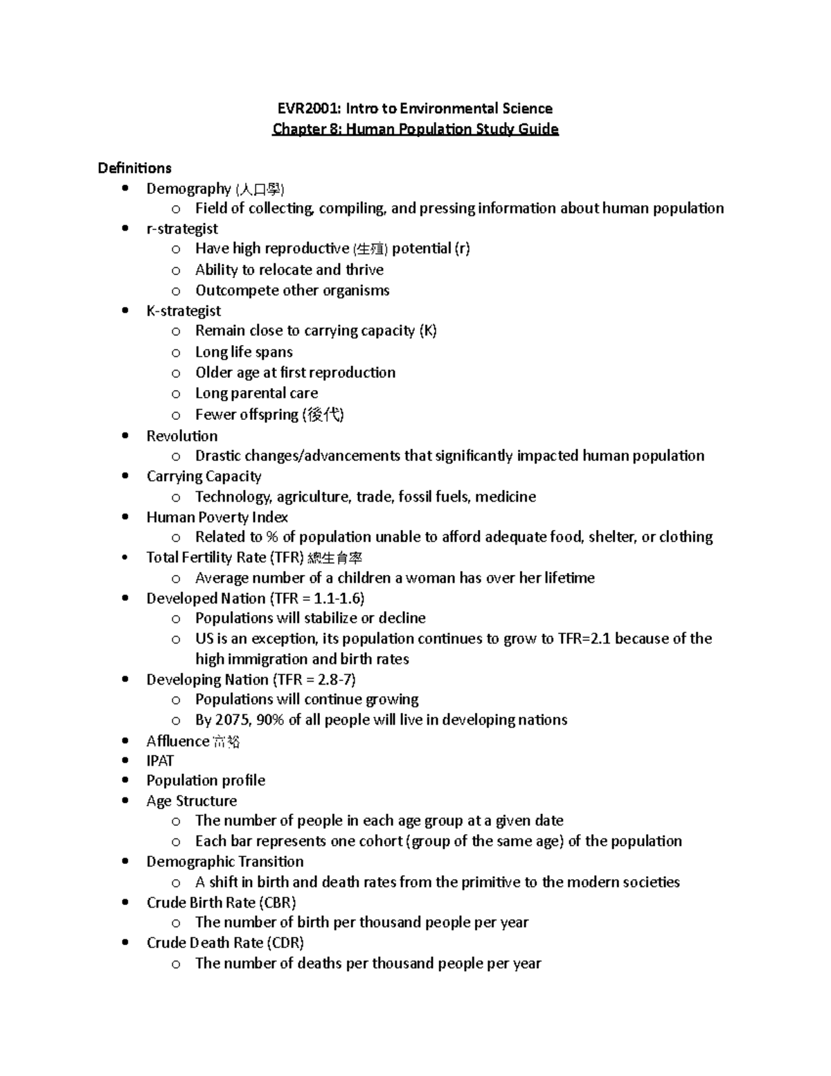 Lecture 08 Human Population Study Guide - EVR2001: Intro to ...