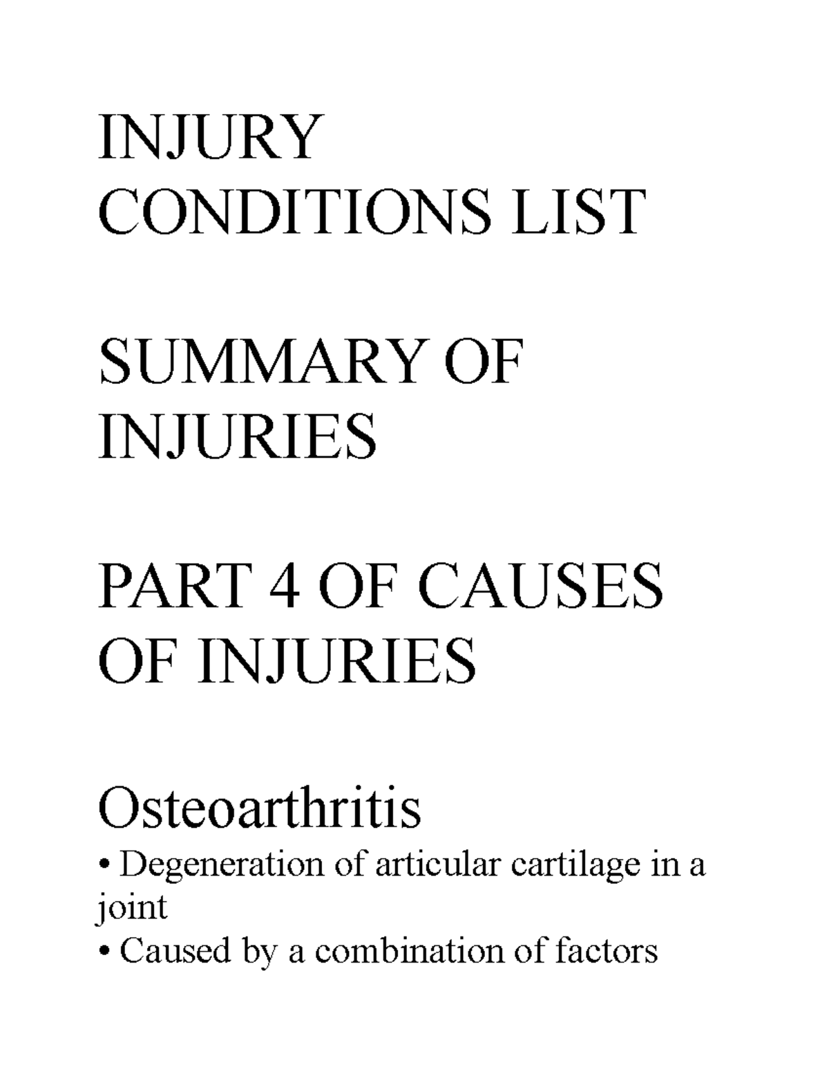 Injury Conditions LIST -04 SUM Injury Osteo - INJURY CONDITIONS LIST ...