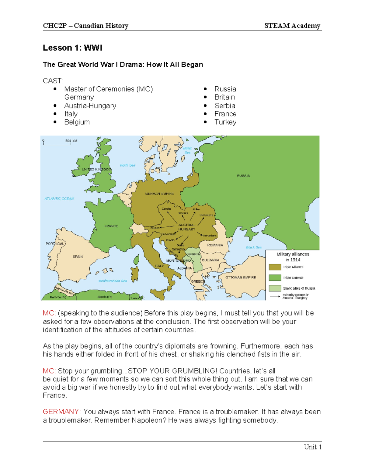 CHC2P Unit 1 - history - Lesson 1: WWI The Great World War I Drama: How ...