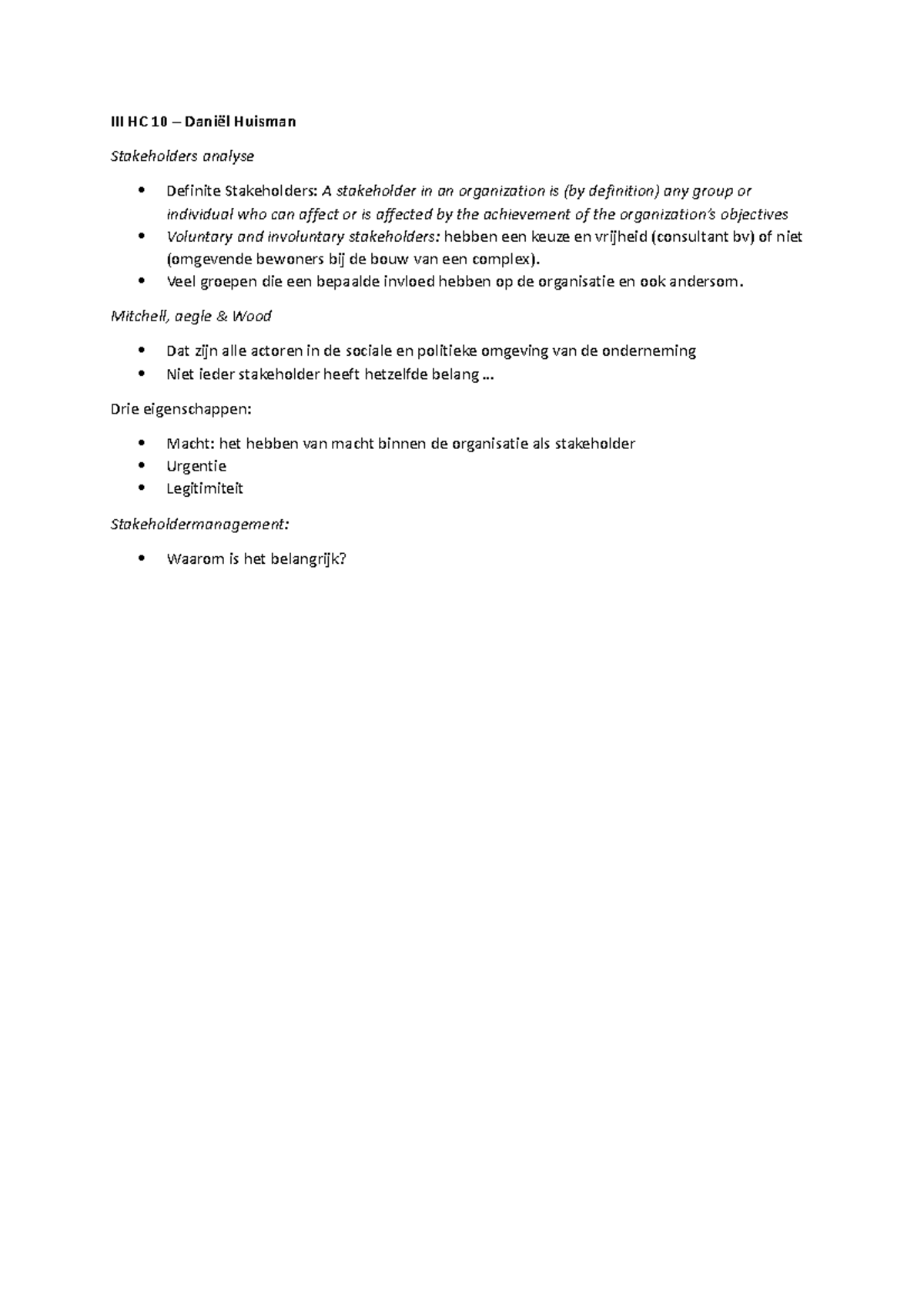 III HC 10 - Daniël Huisman - III HC 10 – Daniël Huisman Stakeholders ...