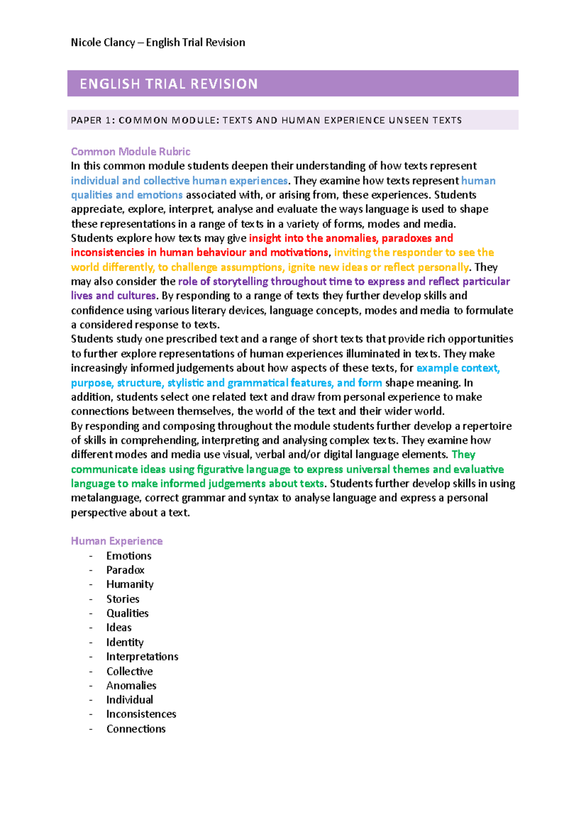 English Revision - notes - ENGLISH TRIAL REVISION PAPER 1: COMMON ...