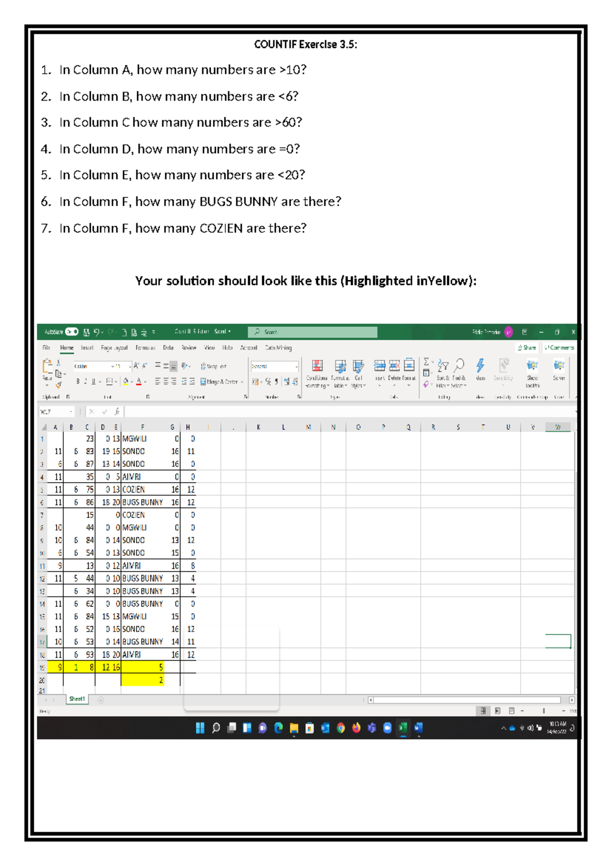 Countif Exercise 3.5 - S004AAM - COUNTIF Exercise 3: 1. In Column A ...