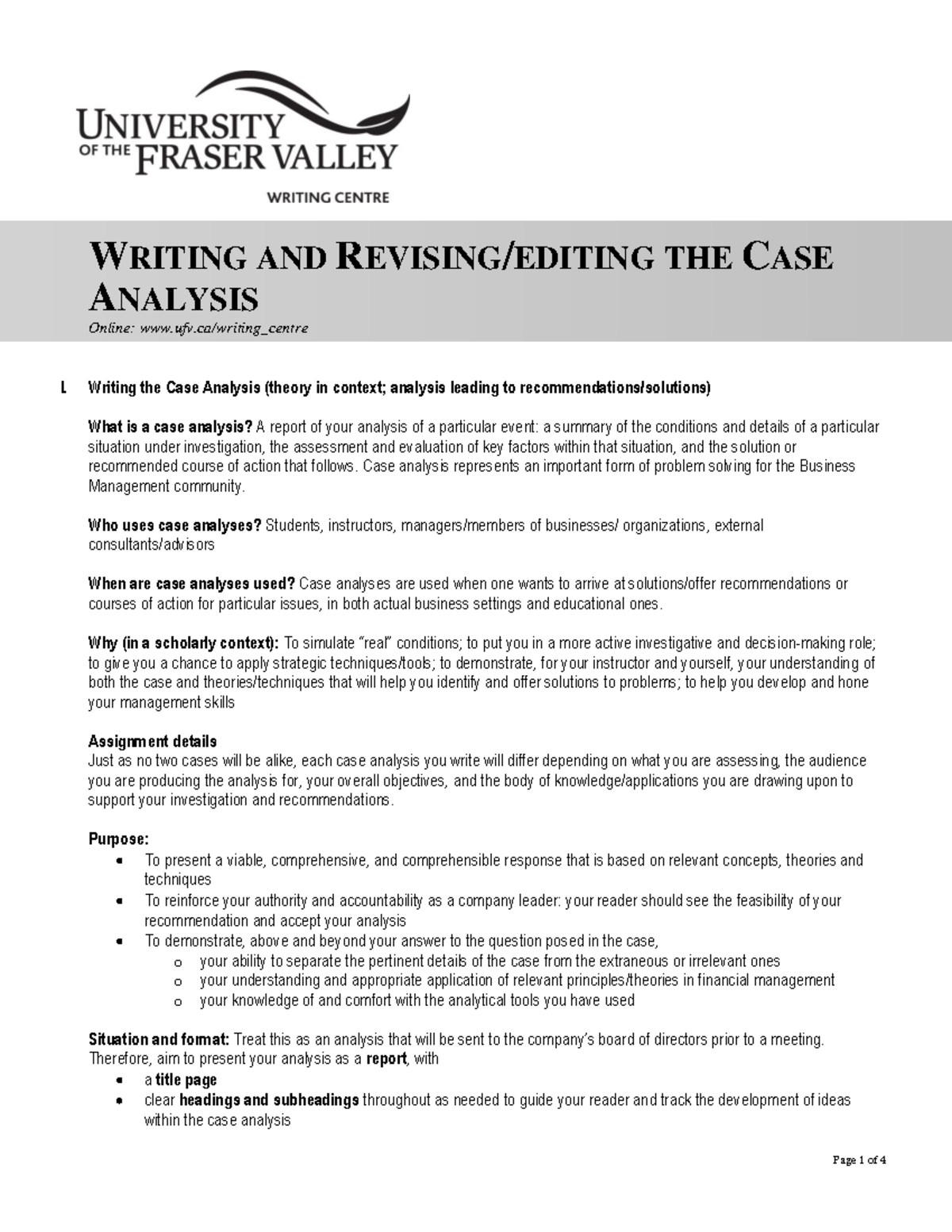 Case Analysis Guideline - WRITING AND REVISING/EDITING THE CASE ...