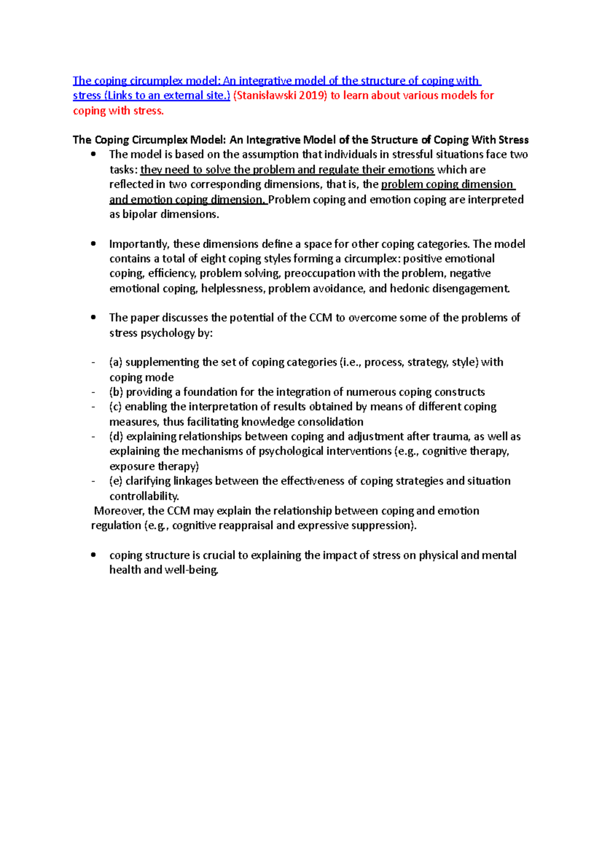 The coping circumplex model - PSYC352 - UOW - Studocu