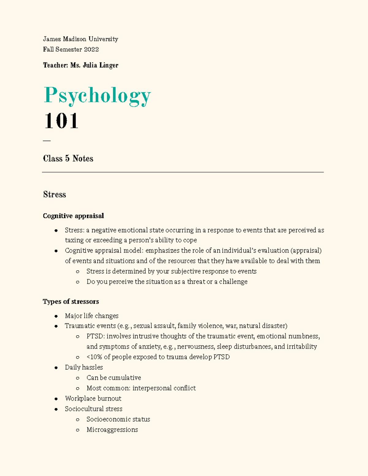 Class 5 notes - James Madison University Fall Semester 2022 Teacher: Ms ...