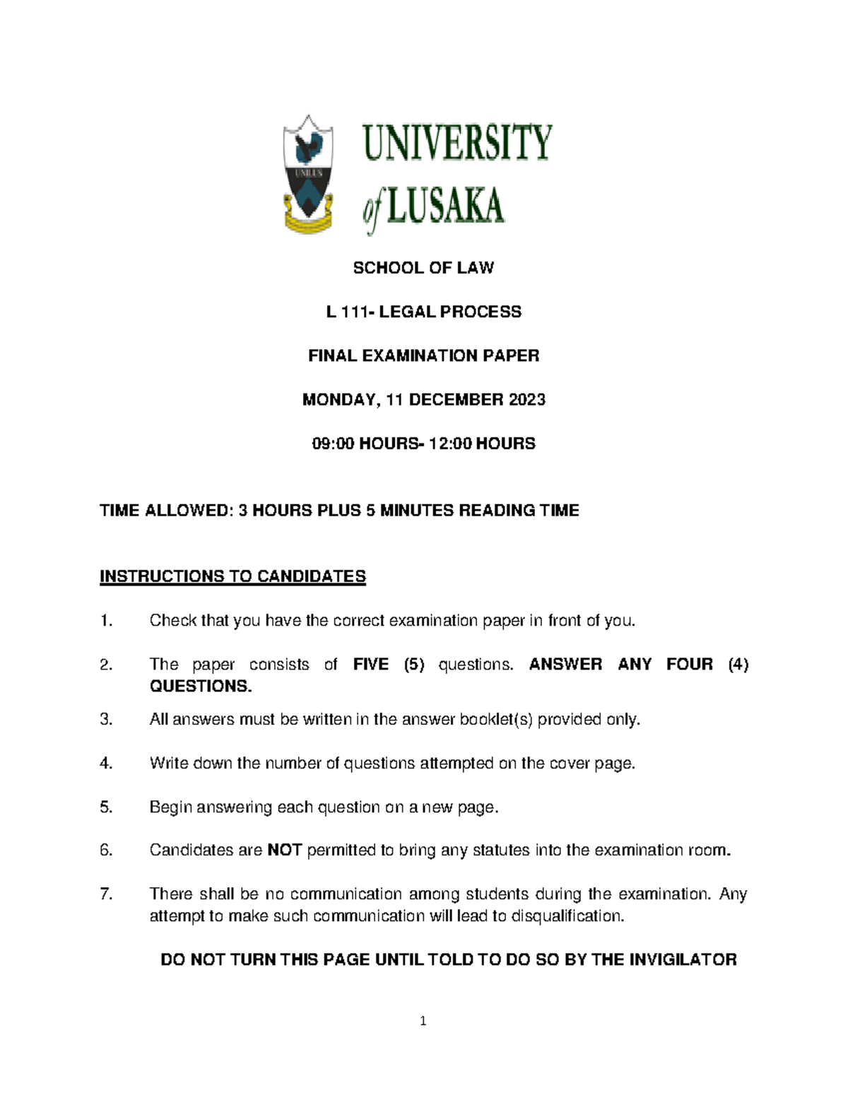 L111 2023 semester 2 Final exam - 1 SCHOOL OF LAW L 111 - LEGAL PROCESS ...