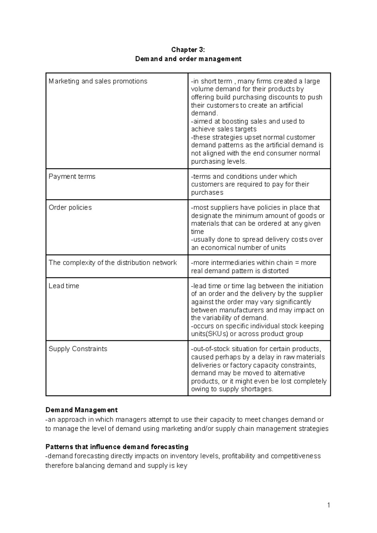 OBS210 Chapter 3 and 4 - Chapter 3: Demand and order management Marketing and sales promotions ...