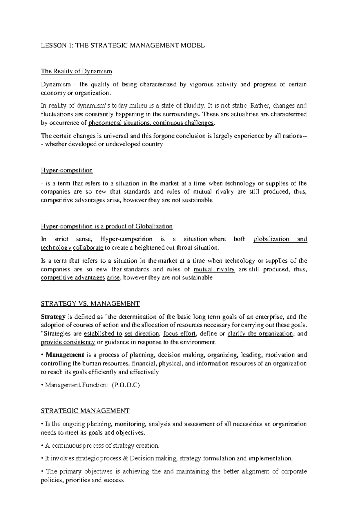 Lesson 1 - THE Strategic Management Model - LESSON 1: THE STRATEGIC ...