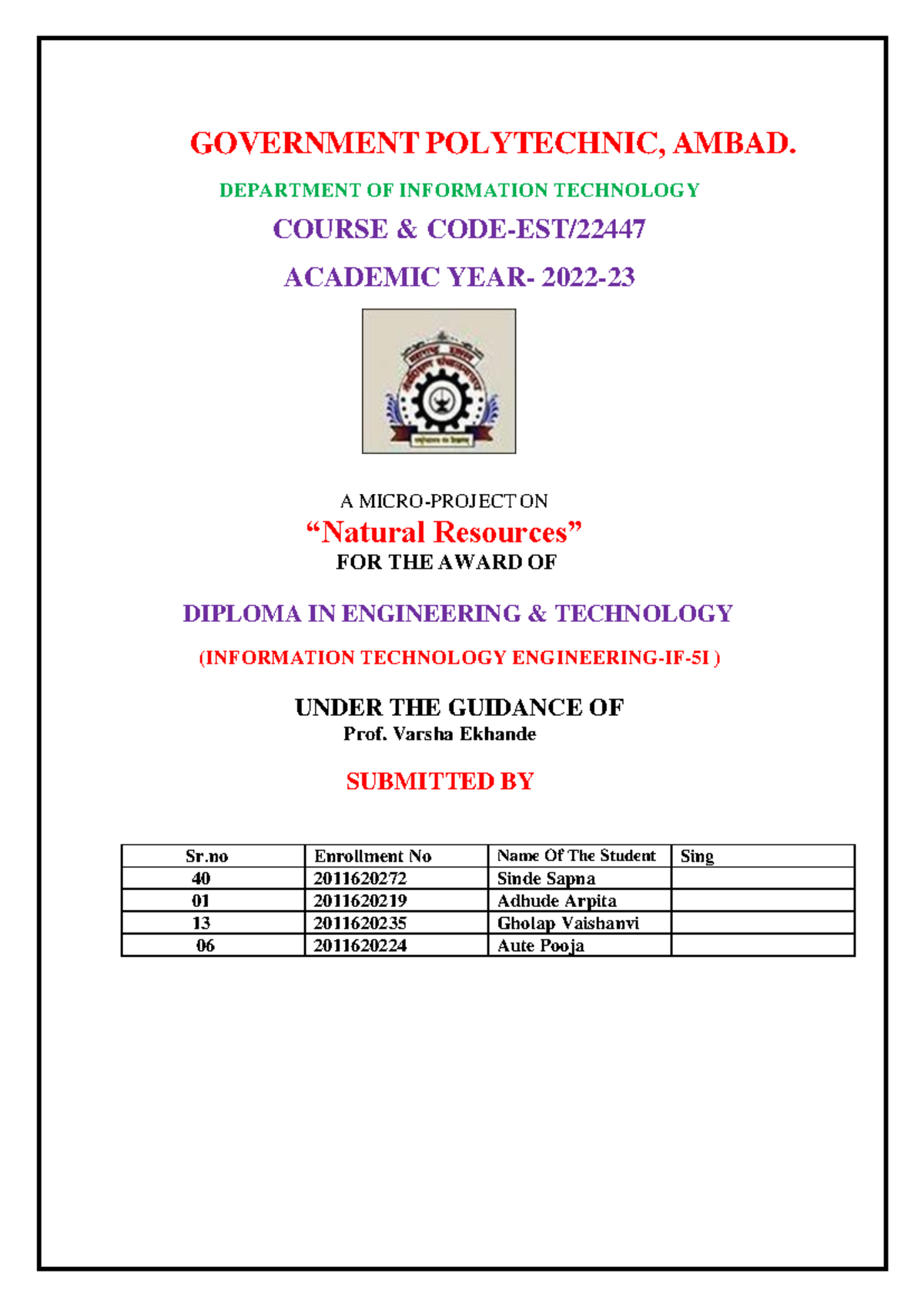 EST Project - GOVERNMENT POLYTECHNIC, AMBAD. DEPARTMENT OF INFORMATION ...